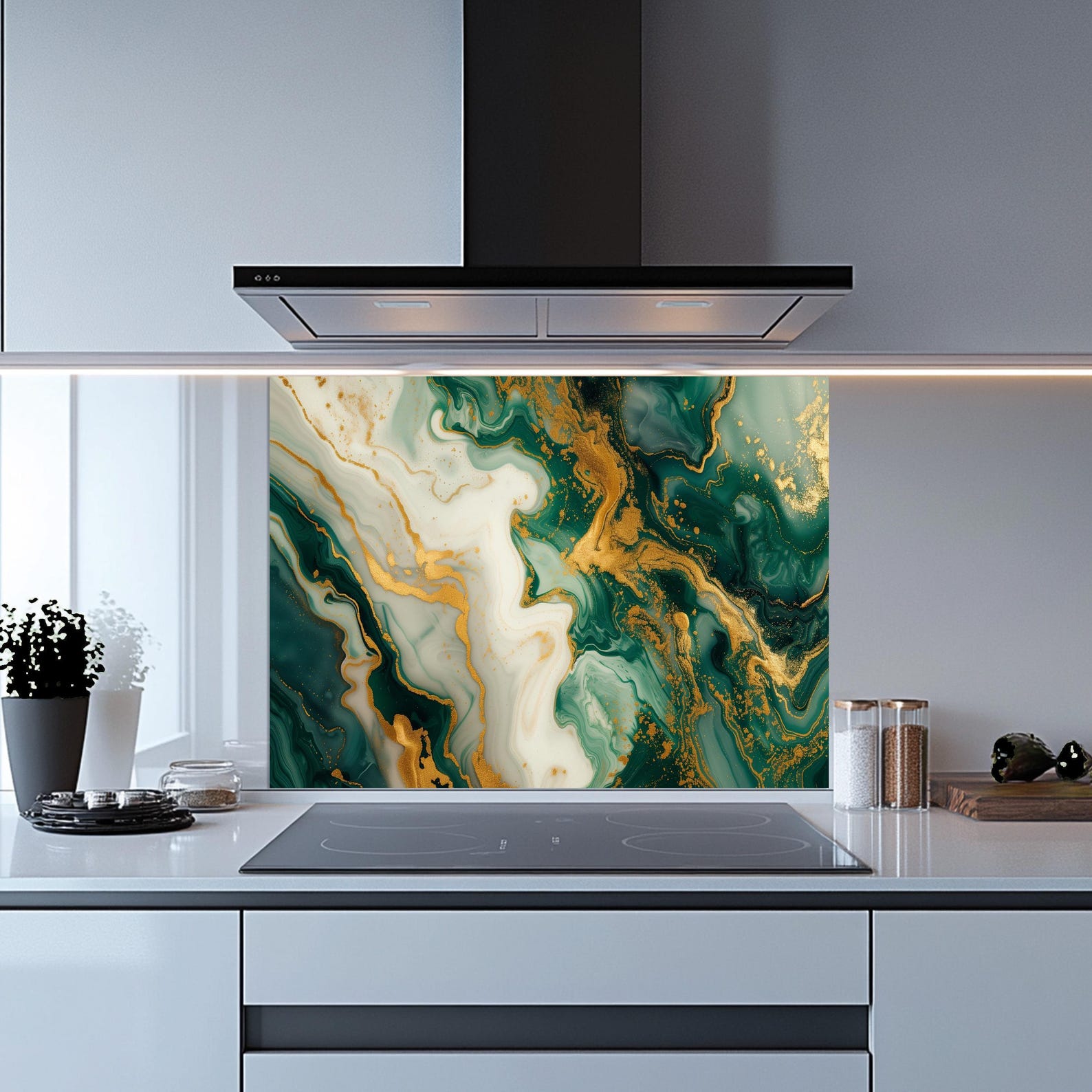 Emerald Green & Gold Marble Glass Backsplash, Tempered Glass Kitchen ...