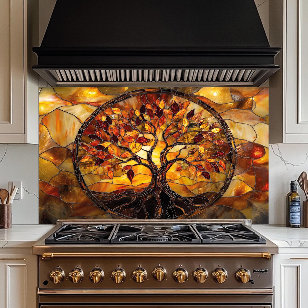 Mosaic Look Tree of Life Backsplash, Tempered Glass Kitchen Backsplash ...