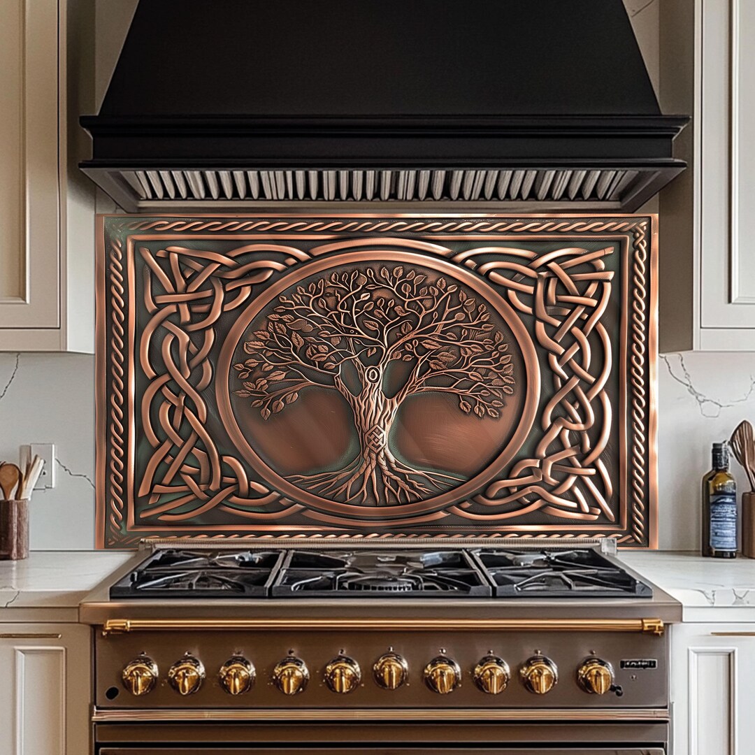 Tree of Life With Celtic Knot Backsplash, Tempered Glass Kitchen ...