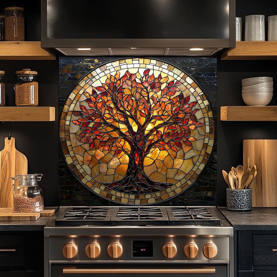 Stained Glass Tree of Life Backsplash, Tempered Glass Kitchen ...