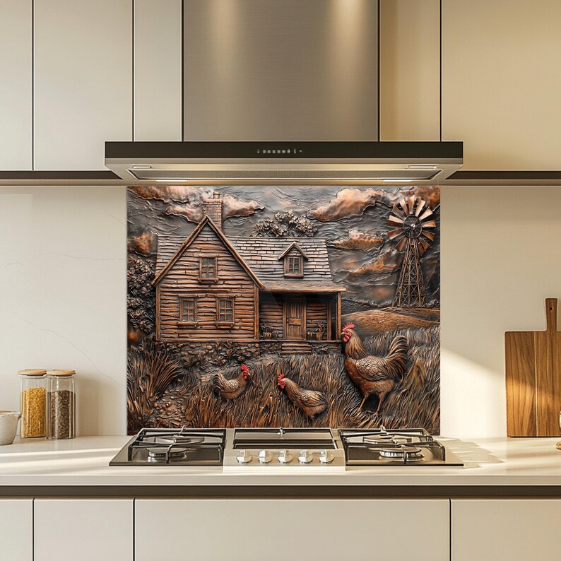 Rustic Farmhouse Scene Glass Backsplash, Tempered Glass Kitchen ...