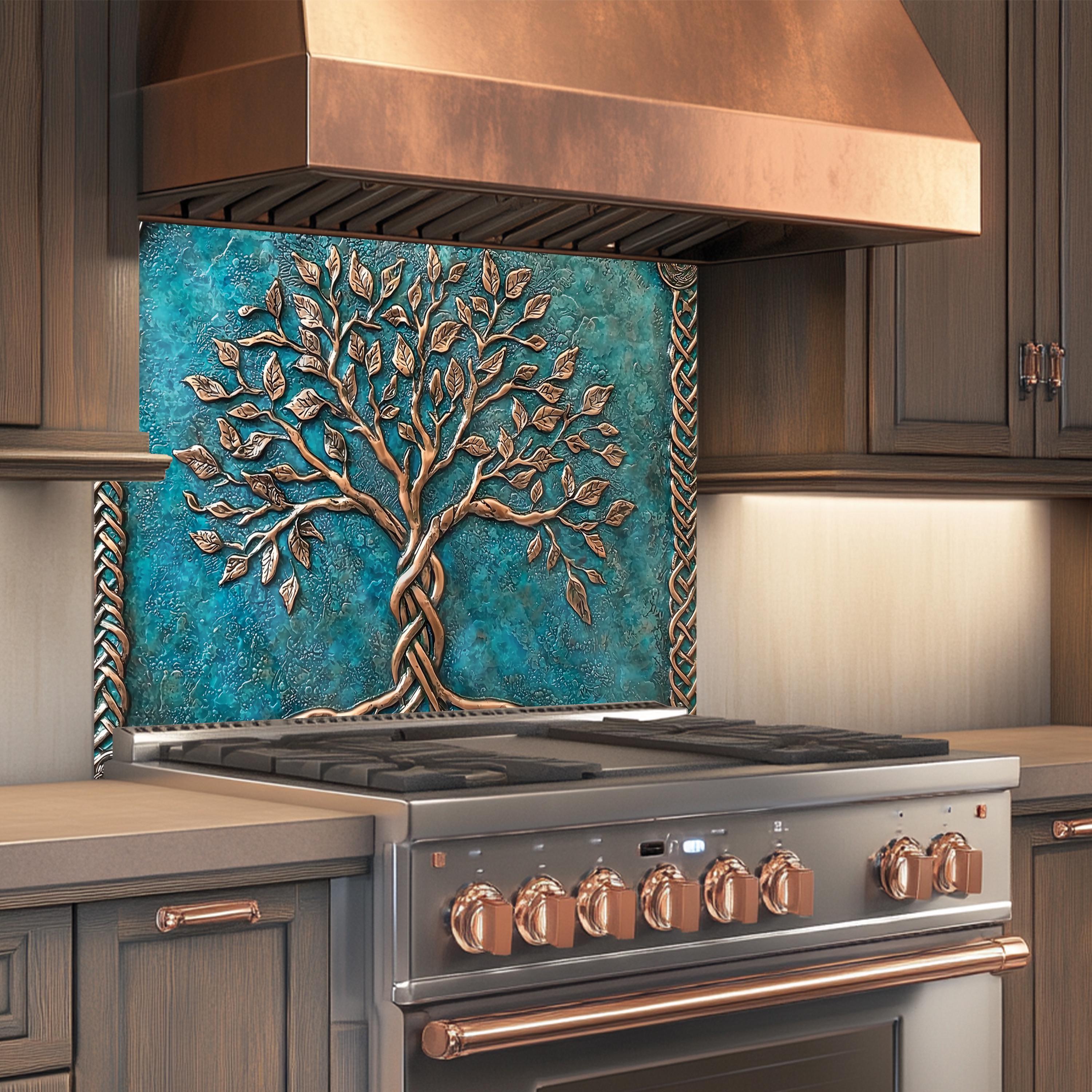 Celtic Tree of Life Copper Look Backsplash, Tempered Glass Kitchen ...