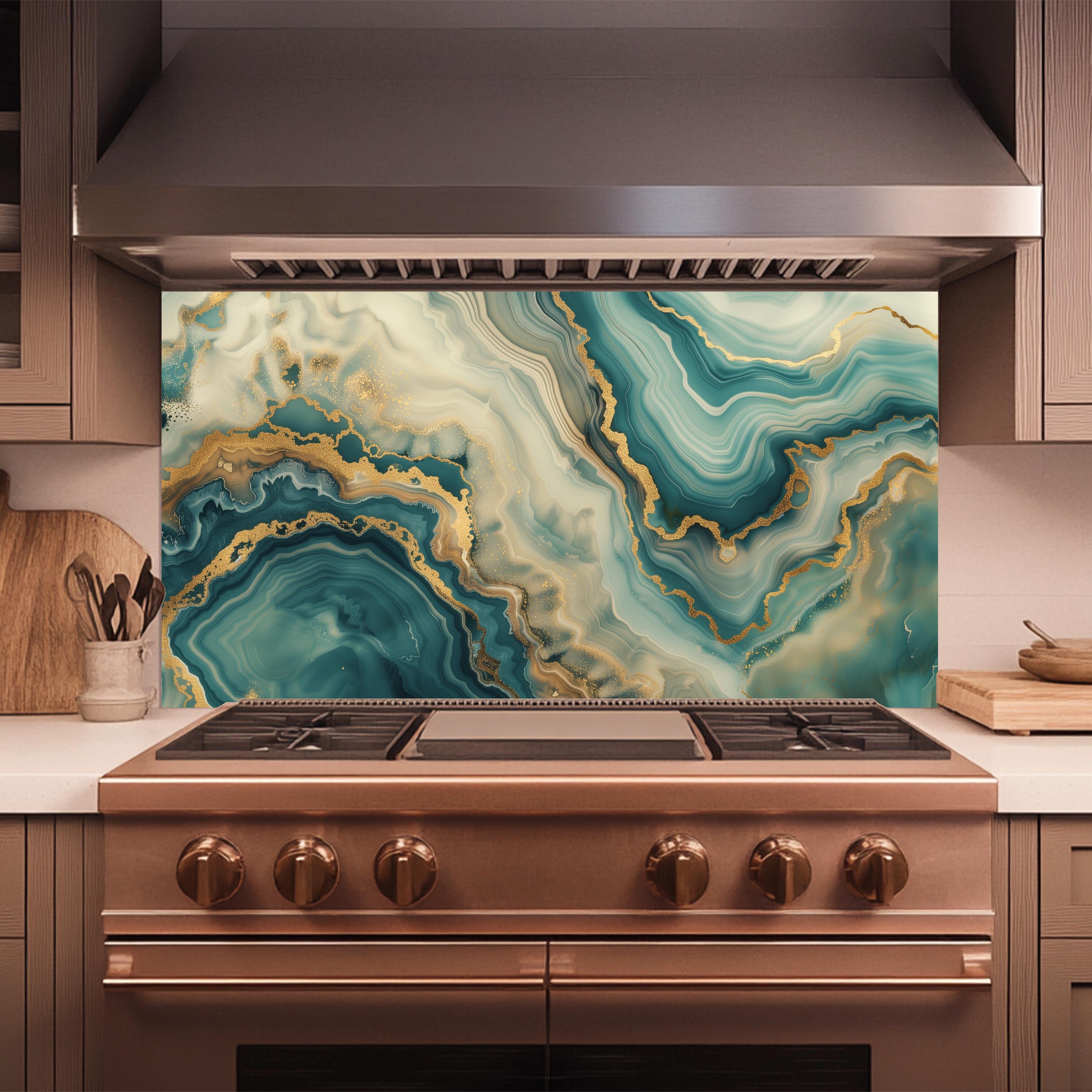 Turquoise Dream Marble Glass Backsplash, Tempered Glass Kitchen ...