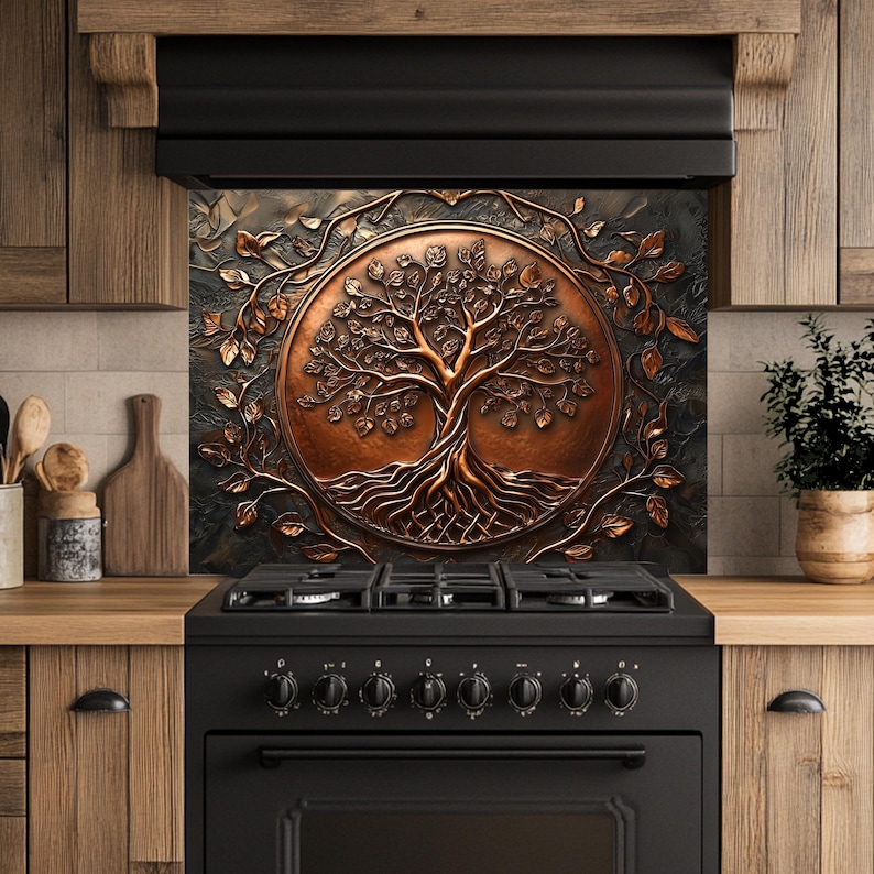 Copper Tree of Life Backsplash, Tempered Glass Kitchen Backsplash ...