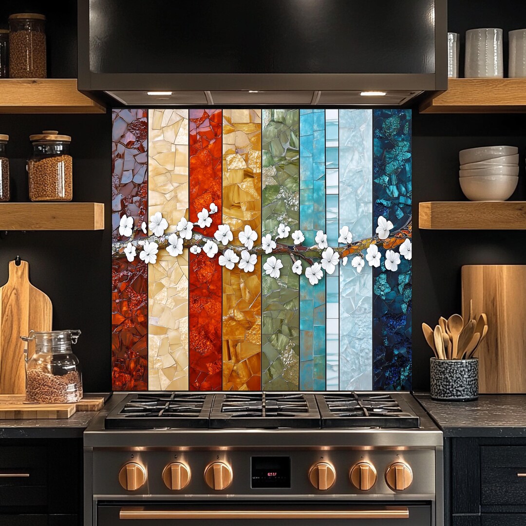 Rainbow Mosaic Blossom Glass Backsplash, Tempered Glass Kitchen ...