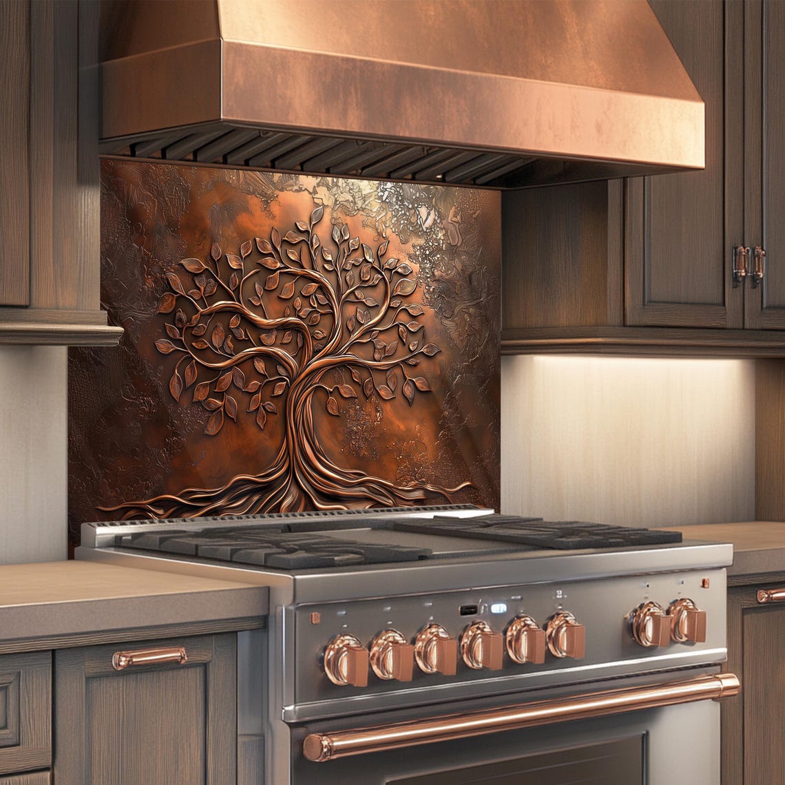 Rustic Tree of Life Copper Look Backsplash, Tempered Glass Kitchen ...