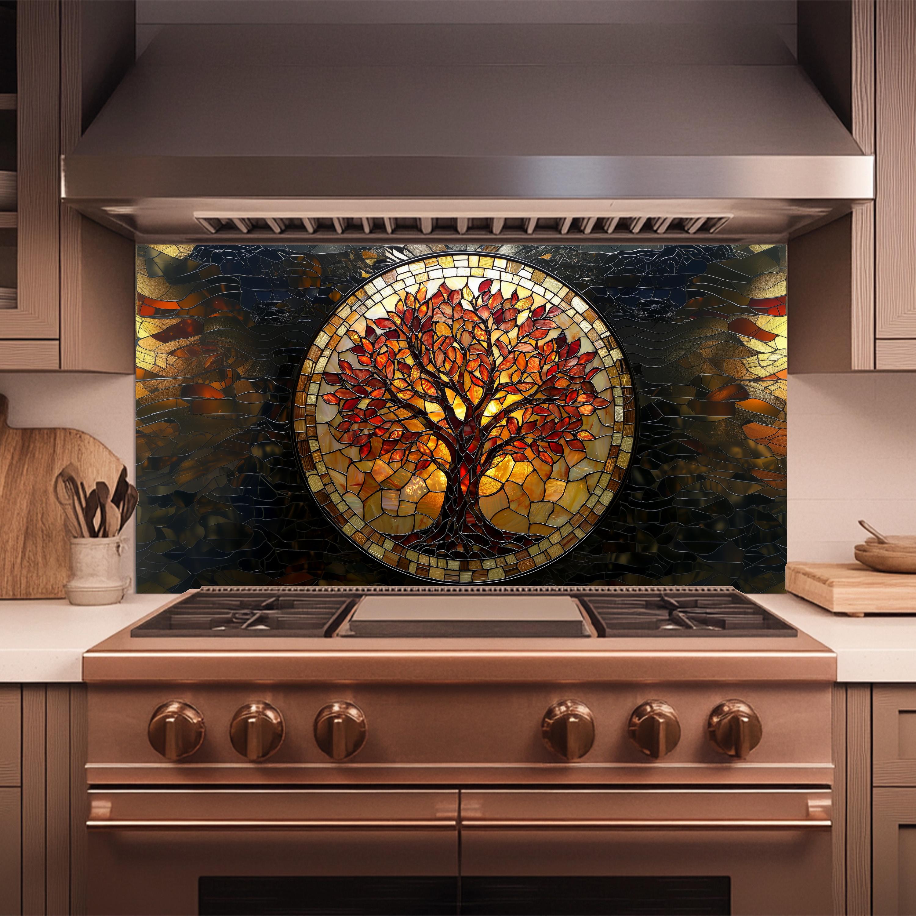 Stained Glass Tree of Life Backsplash, Tempered Glass Kitchen ...