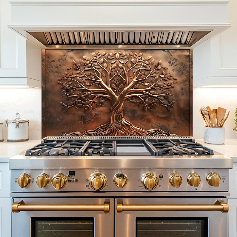 Rustic Tree of Life Copper Look Backsplash, Tempered Glass Kitchen ...