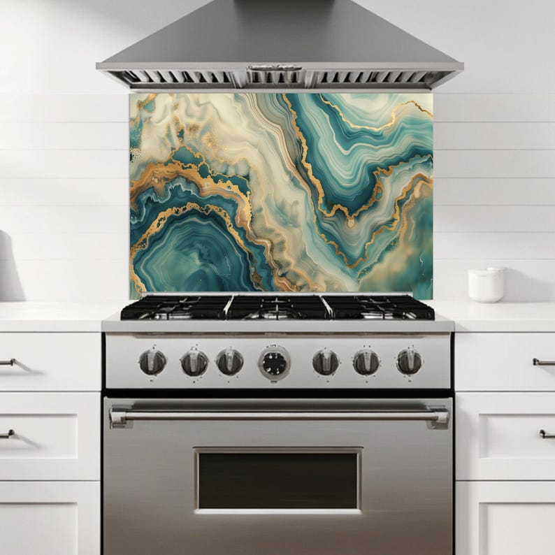 Turquoise Dream Marble Glass Backsplash, Tempered Glass Kitchen ...