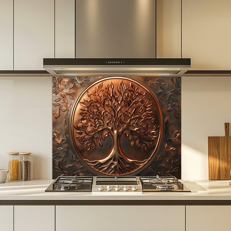 Radiant Tree of Life Copper Look Backsplash, Tempered Glass Kitchen ...