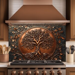 Copper Tree of Life Backsplash, Tempered Glass Kitchen Backsplash ...