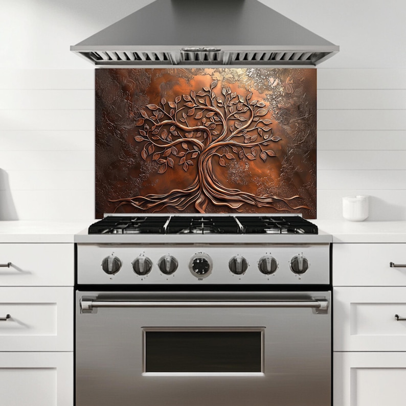 Rustic Tree of Life Copper Look Backsplash, Tempered Glass Kitchen ...