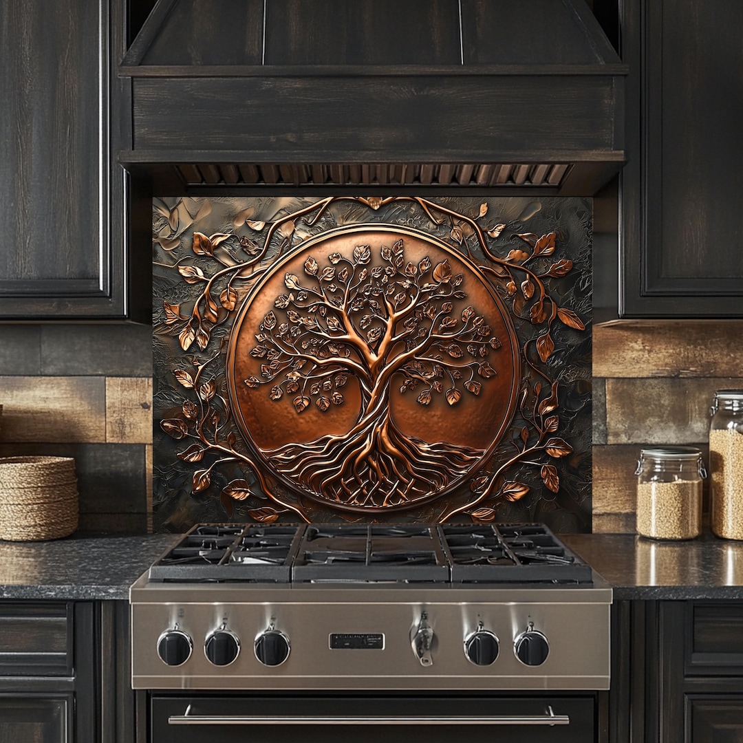 Copper Tree of Life Backsplash, Tempered Glass Kitchen Backsplash ...