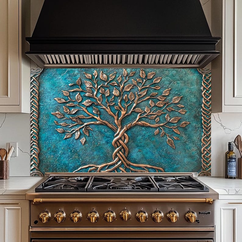 Celtic Tree of Life Copper Look Backsplash, Tempered Glass Kitchen ...