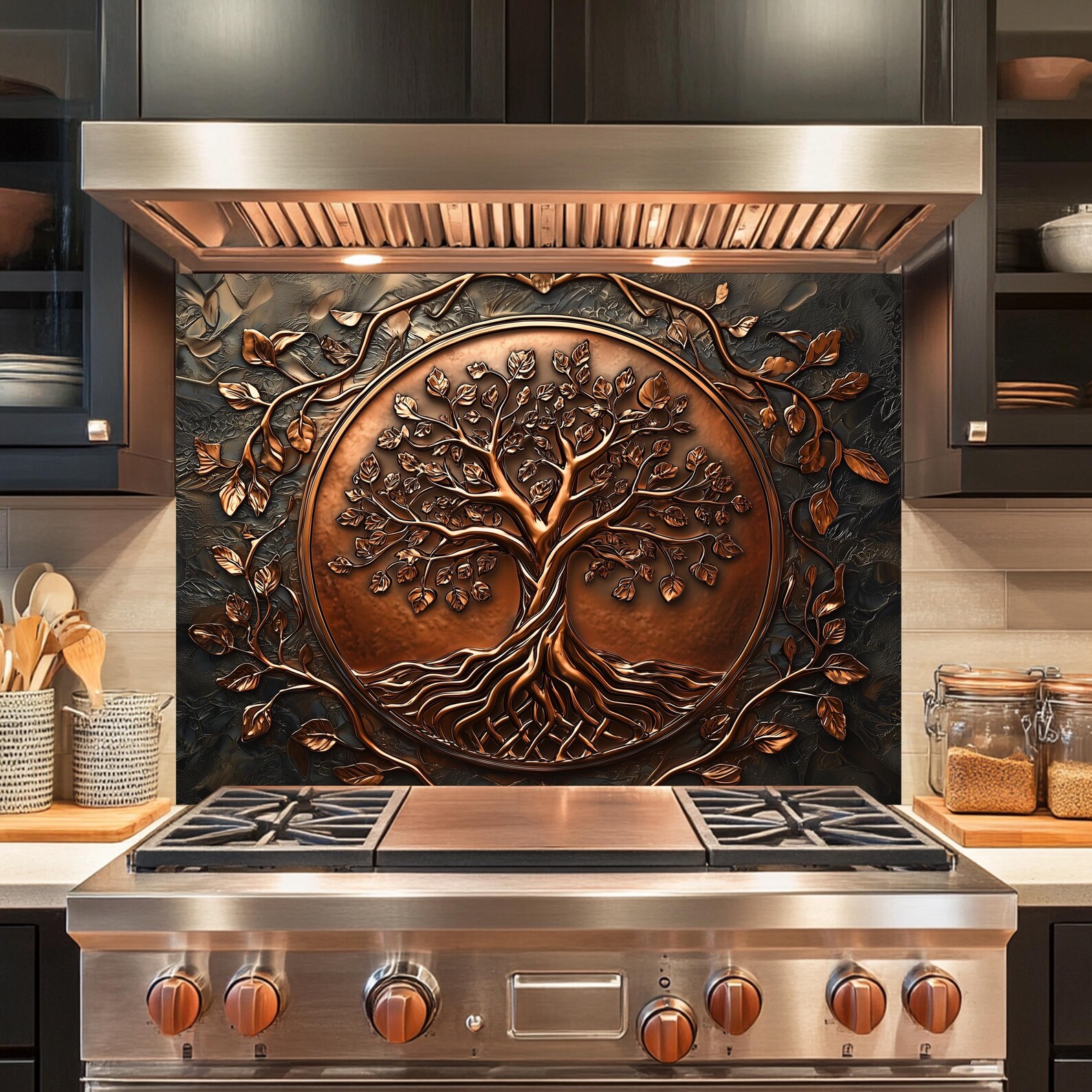Copper Tree of Life Backsplash, Tempered Glass Kitchen Backsplash ...