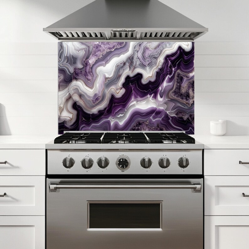 Purple Geode Marble Glass Backsplash, Tempered Glass Kitchen Backsplash ...