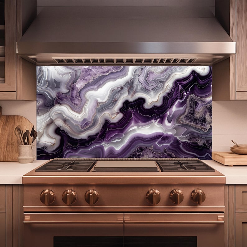 Purple Geode Marble Glass Backsplash, Tempered Glass Kitchen Backsplash ...