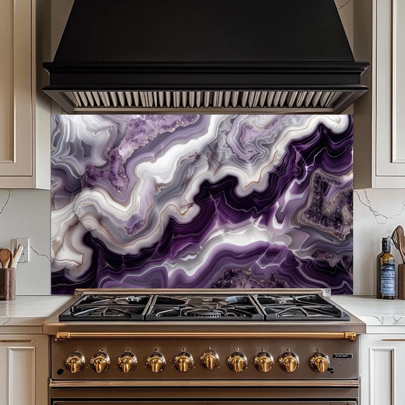 Purple Geode Marble Glass Backsplash, Tempered Glass Kitchen Backsplash ...