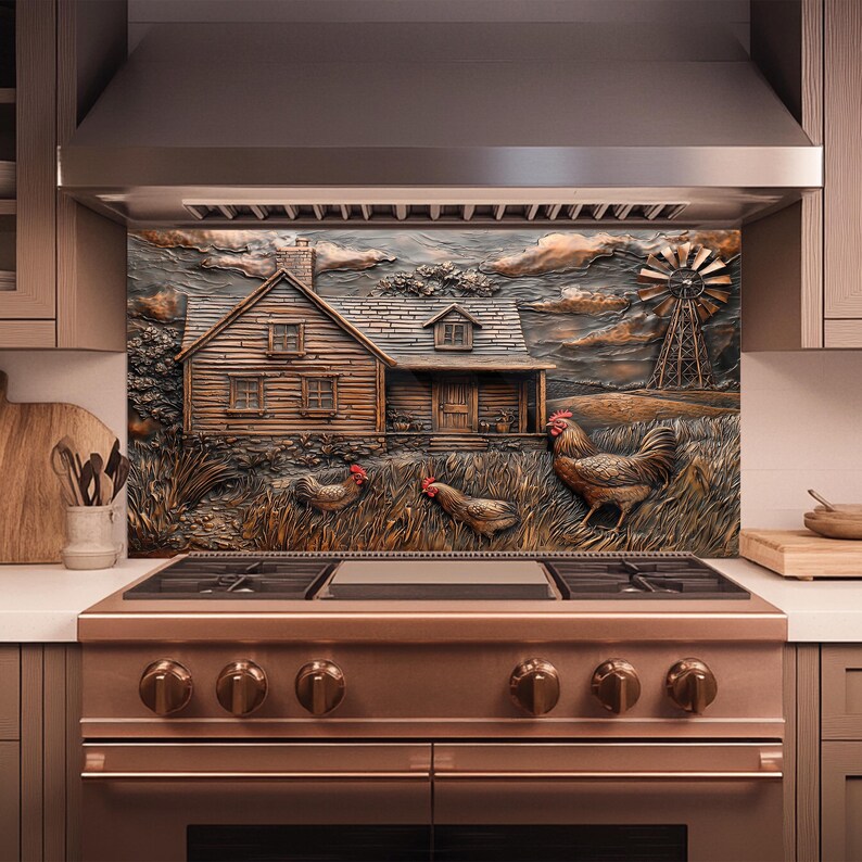 Rustic Farmhouse Scene Glass Backsplash, Tempered Glass Kitchen ...