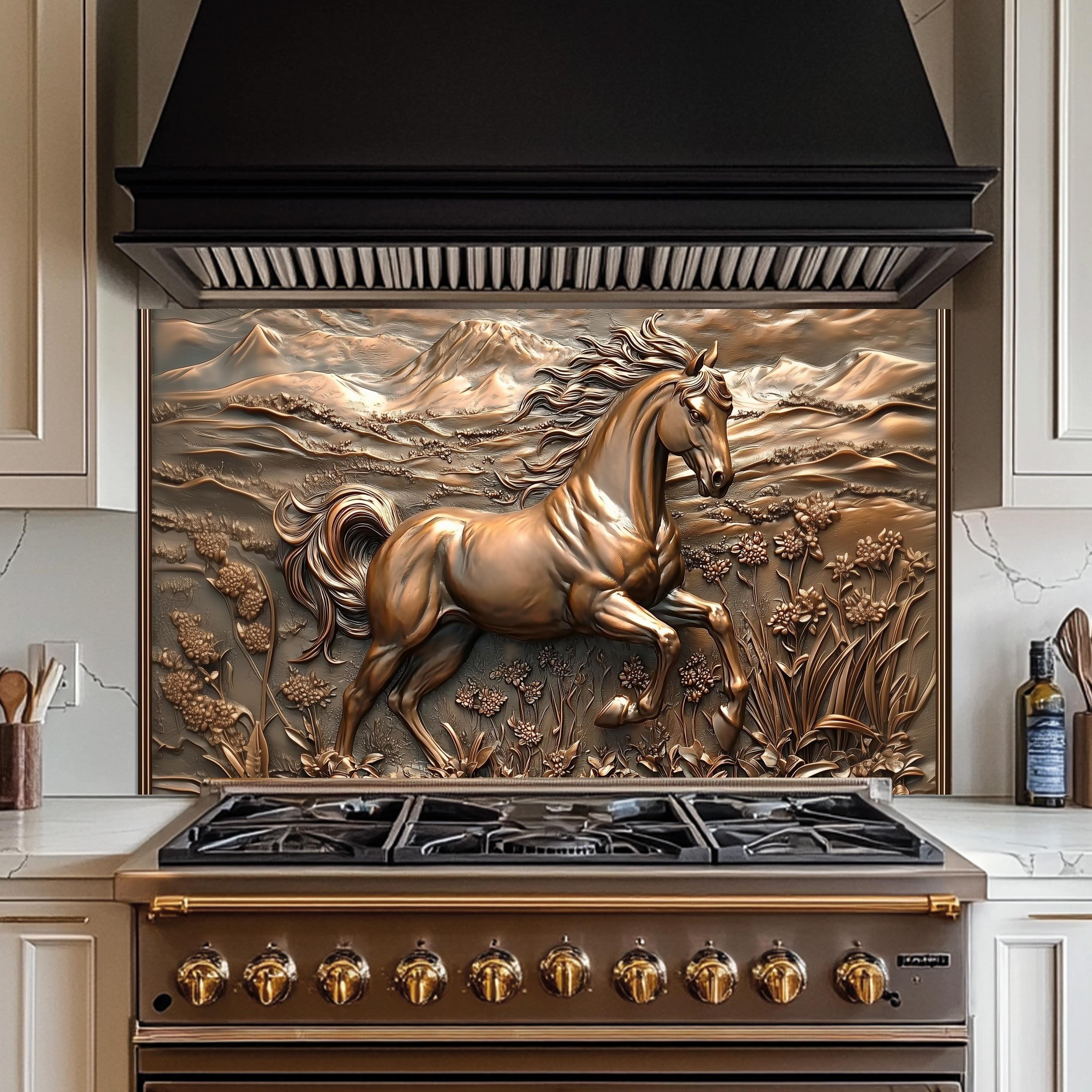 Copper Galloping Horse Glass Backsplash, Tempered Glass Kitchen ...