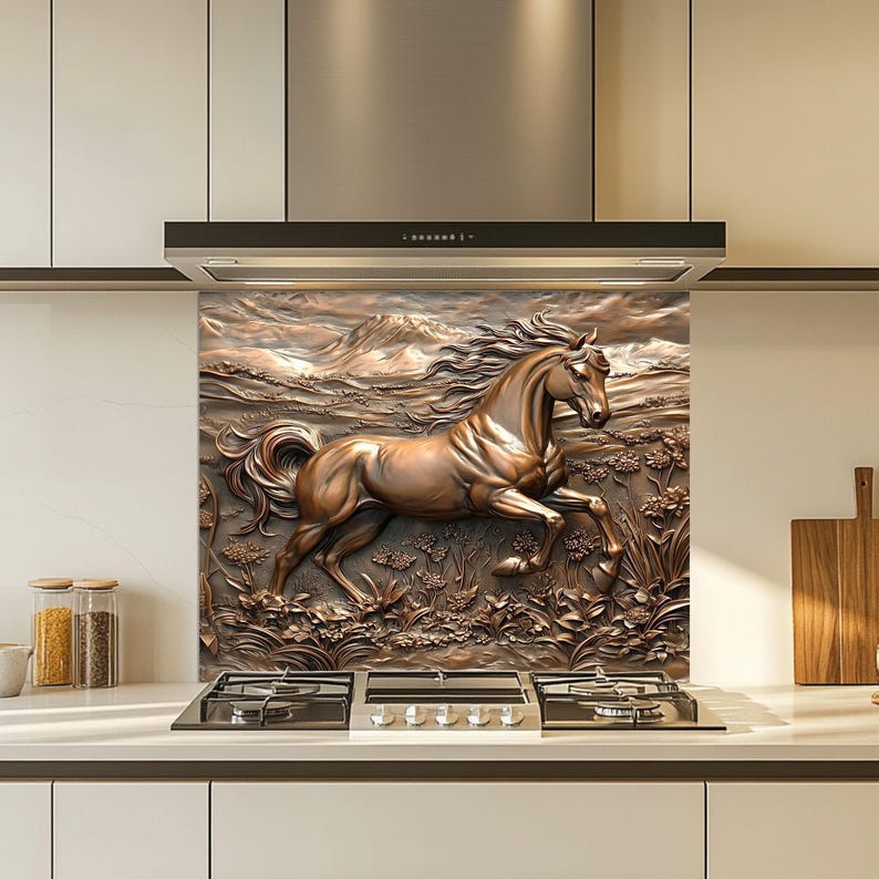 Copper Galloping Horse Glass Backsplash, Tempered Glass Kitchen ...