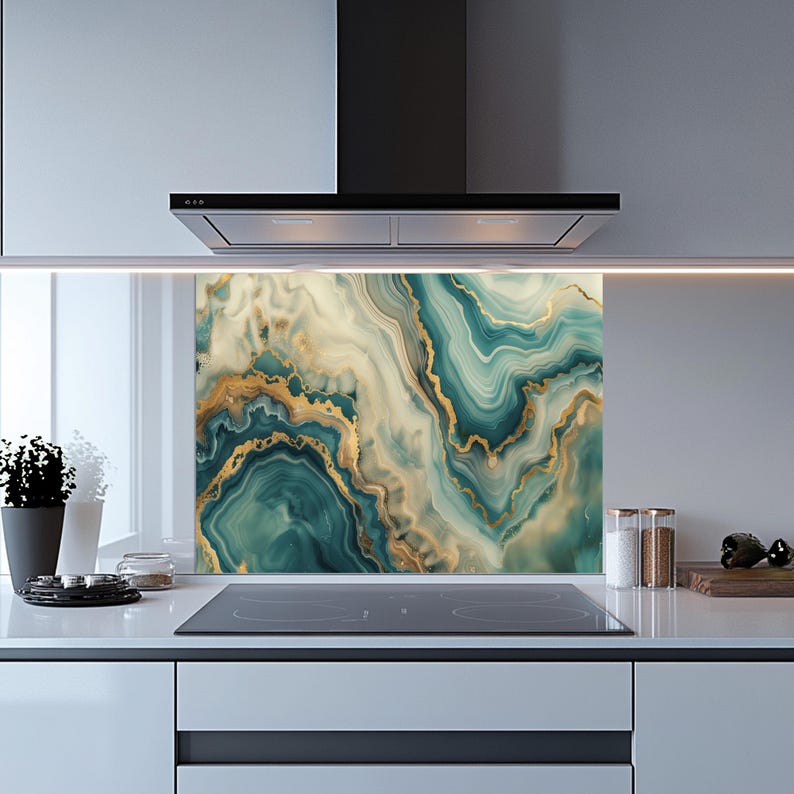 Turquoise Dream Marble Glass Backsplash, Tempered Glass Kitchen ...