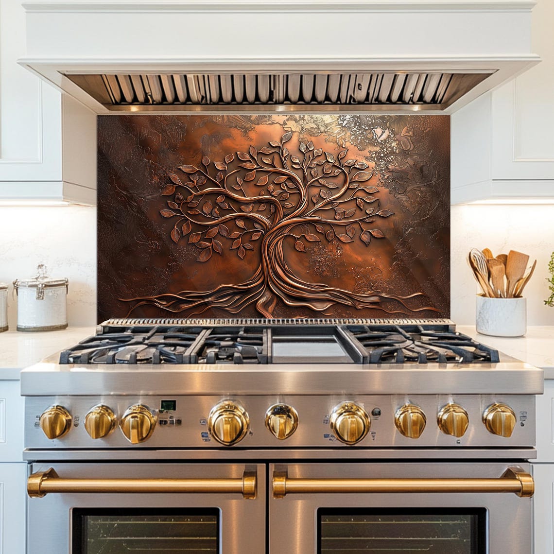 Rustic Tree of Life Copper Look Backsplash, Tempered Glass Kitchen ...