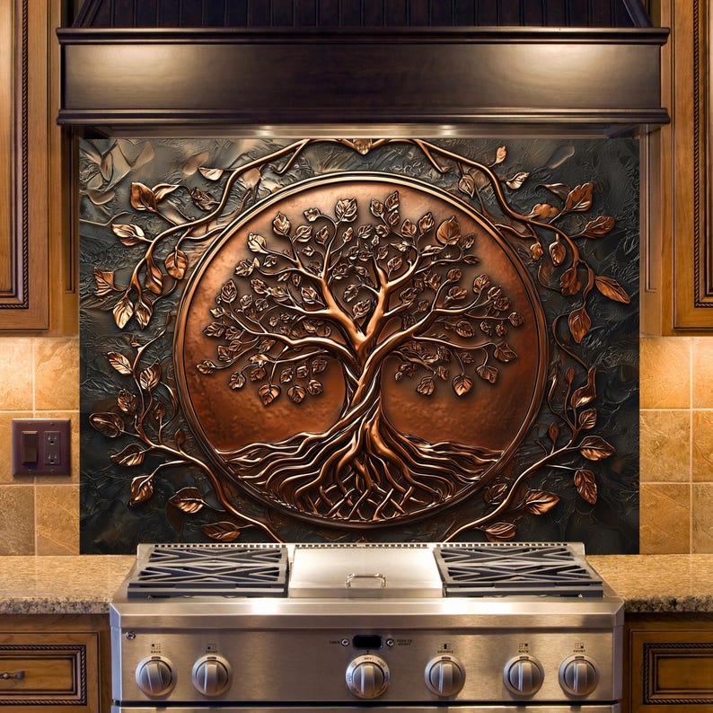 Copper Tree of Life Backsplash, Tempered Glass Kitchen Backsplash ...