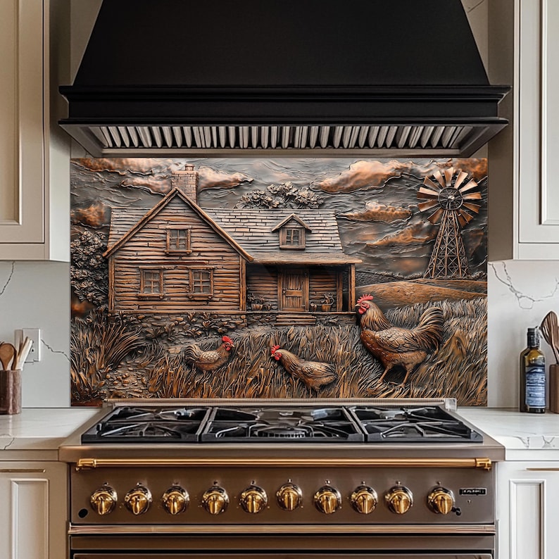 Rustic Farmhouse Scene Glass Backsplash, Tempered Glass Kitchen ...