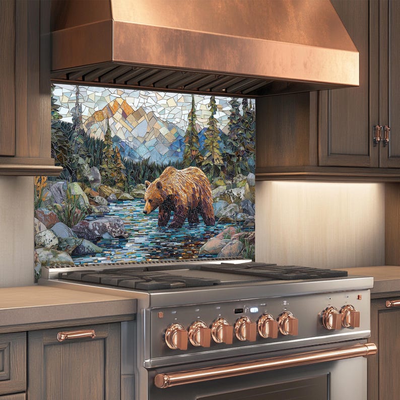 Mosaic Bear and Mountain Scene Backsplash, Tempered Glass Kitchen ...