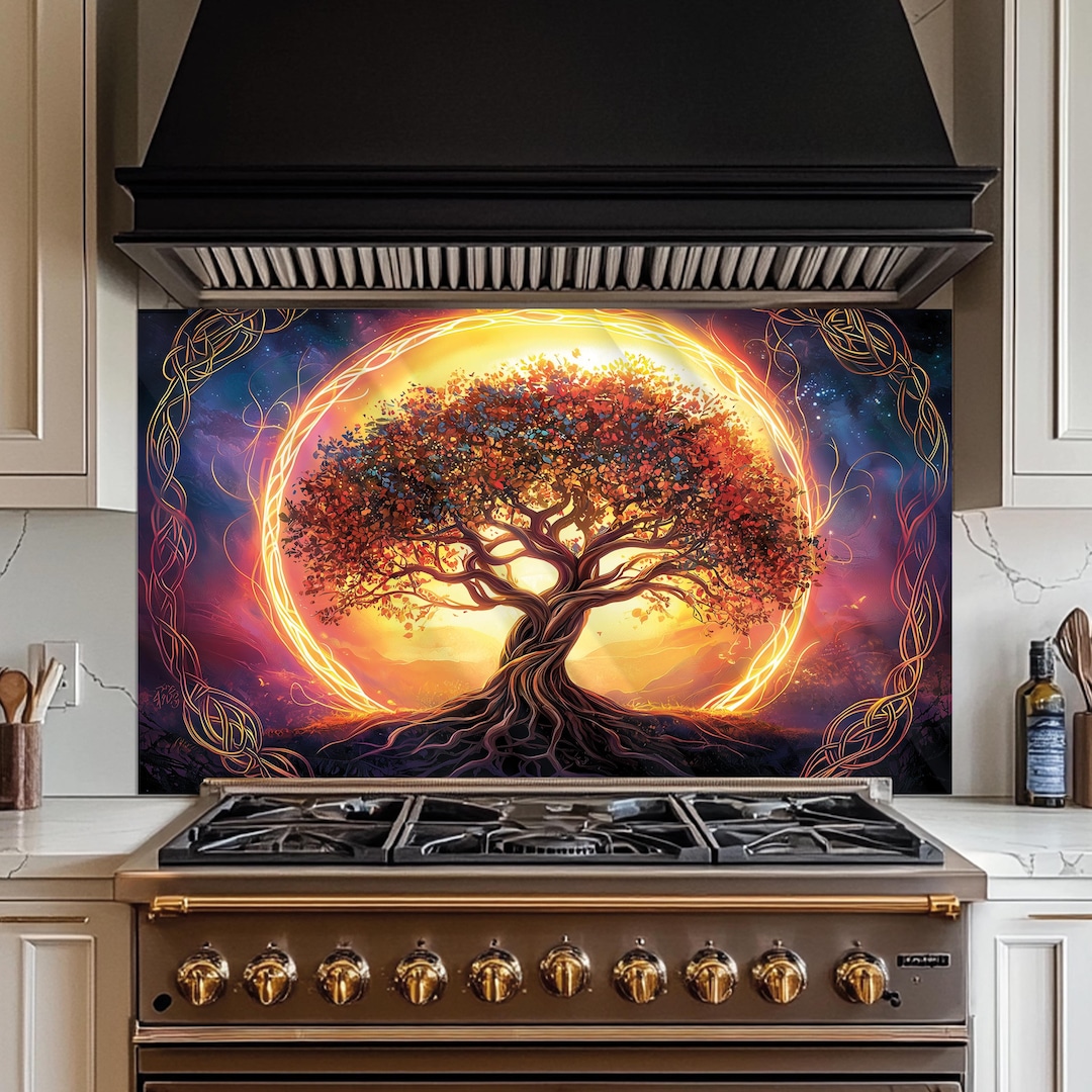 Mystic Tree of Life Backsplash, Tempered Glass Kitchen Backsplash ...