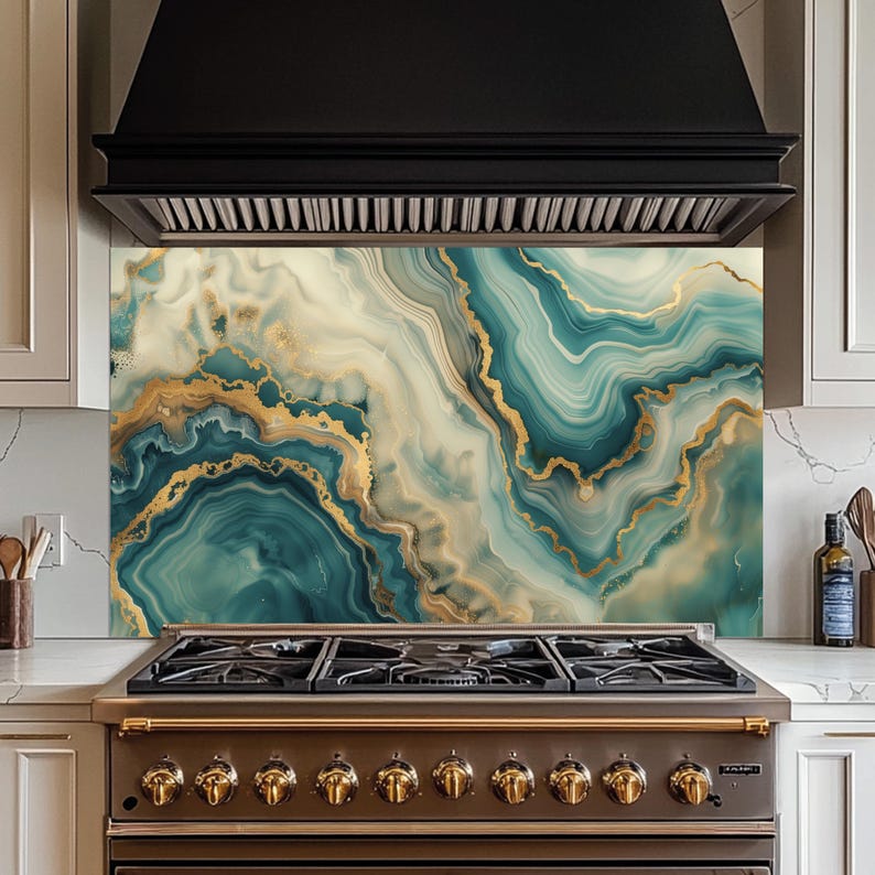 Turquoise Dream Marble Glass Backsplash, Tempered Glass Kitchen ...