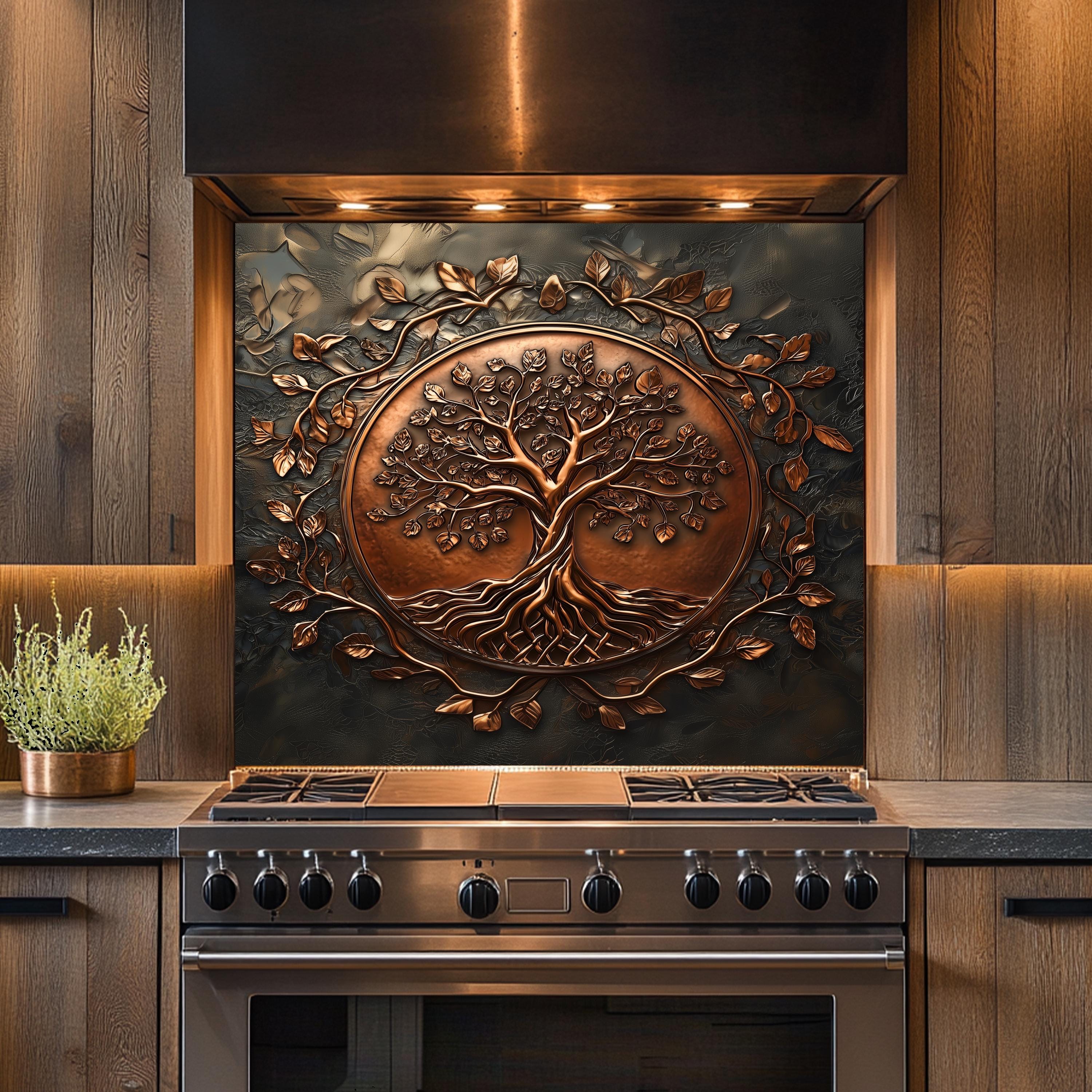 Copper Tree of Life Backsplash, Tempered Glass Kitchen Backsplash ...