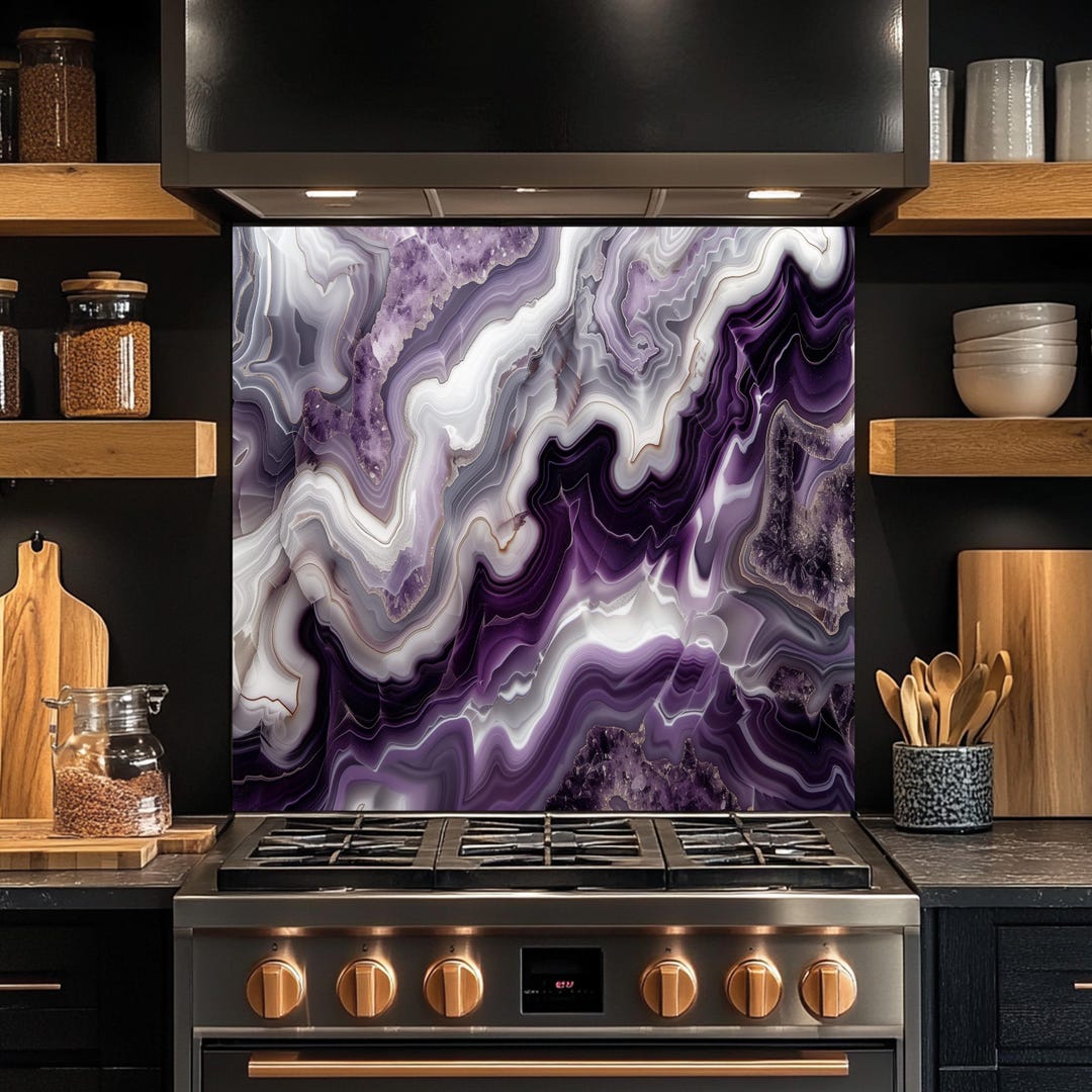 Purple Geode Marble Glass Backsplash, Tempered Glass Kitchen Backsplash ...