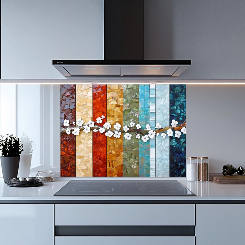 Rainbow Mosaic Blossom Glass Backsplash, Tempered Glass Kitchen ...
