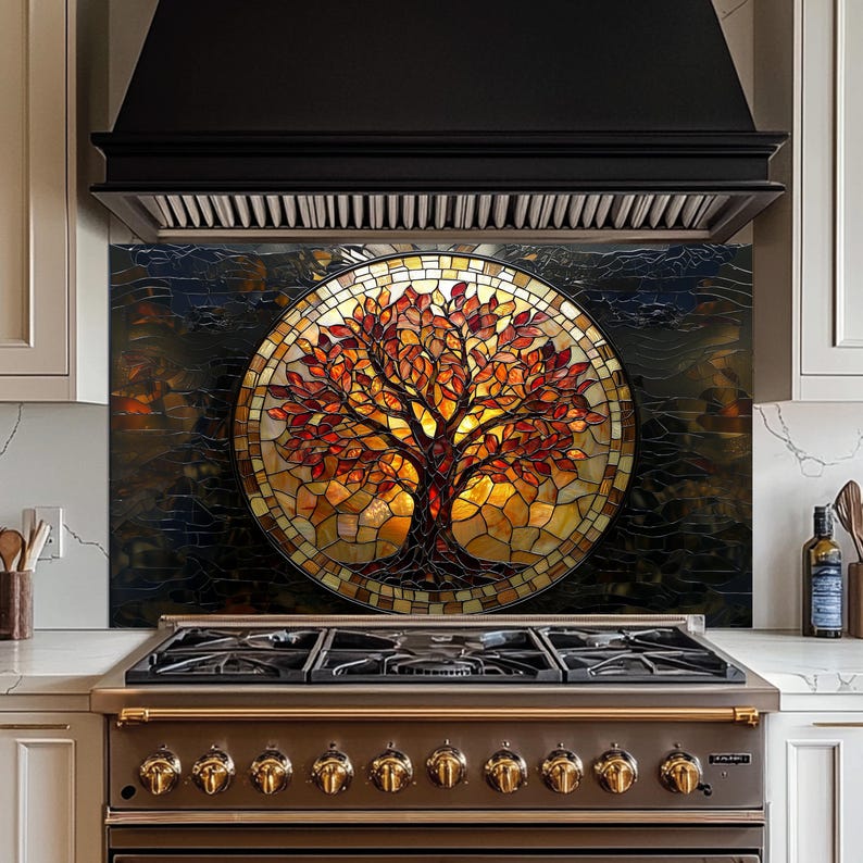 Stained Glass Tree of Life Backsplash, Tempered Glass Kitchen ...