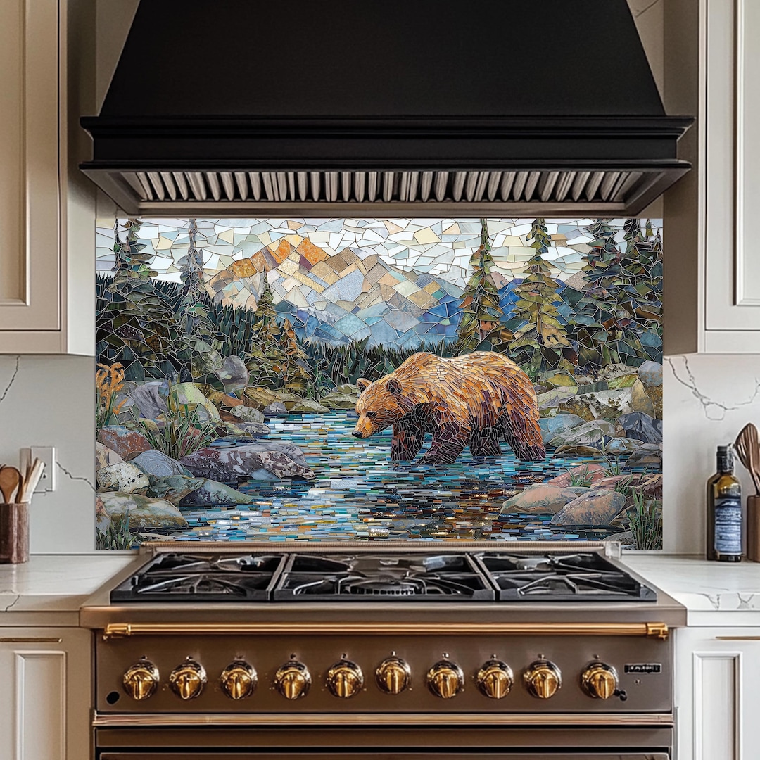 Mosaic Bear and Mountain Scene Backsplash, Tempered Glass Kitchen ...