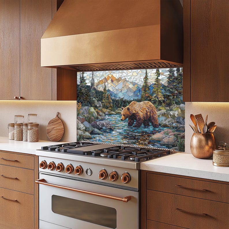 Mosaic Bear and Mountain Scene Backsplash, Tempered Glass Kitchen ...