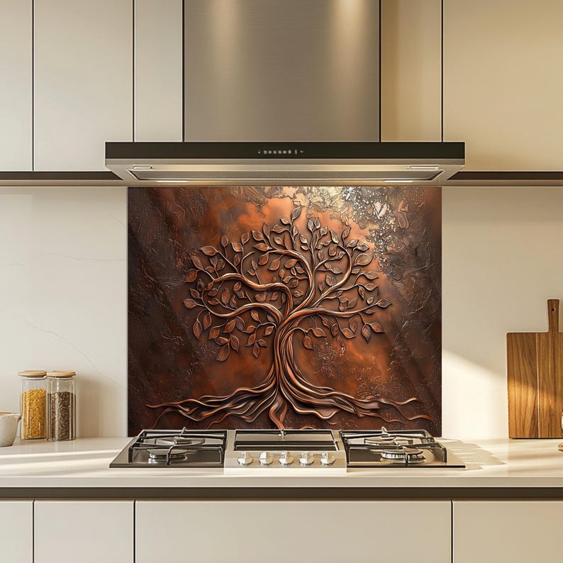 Rustic Tree of Life Copper Look Backsplash, Tempered Glass Kitchen ...
