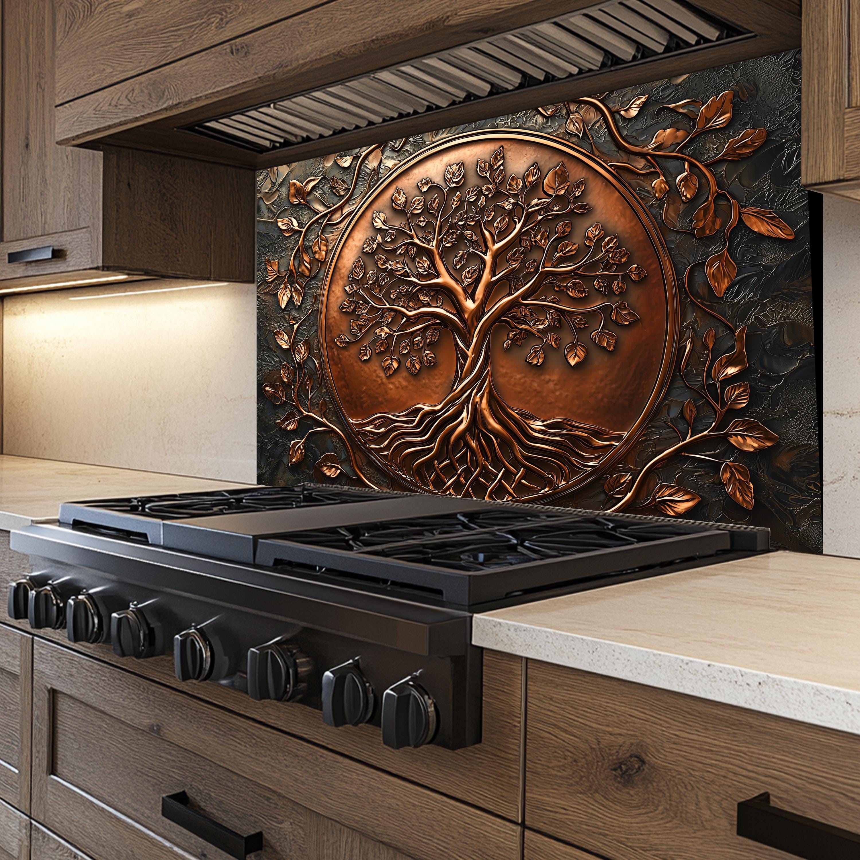 Copper Tree of Life Backsplash, Tempered Glass Kitchen Backsplash ...