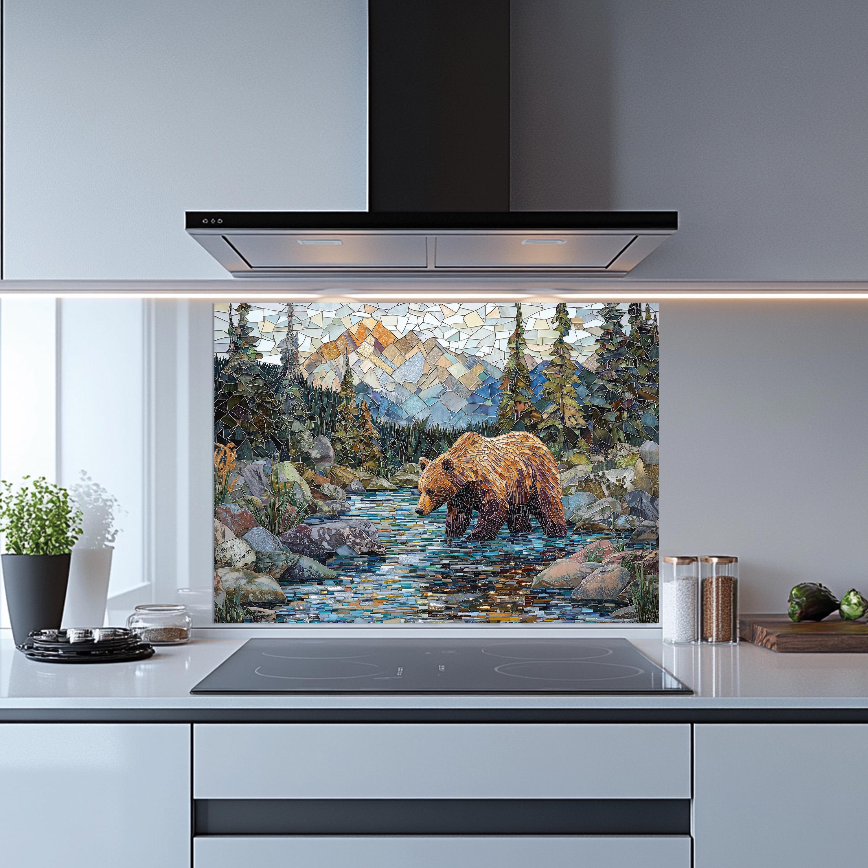 Mosaic Bear and Mountain Scene Backsplash, Tempered Glass Kitchen ...