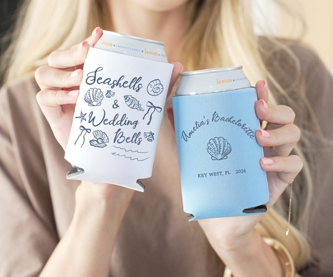 Seashells Wedding Bells Can Cooler • Beach Bachelorette Favors • Custom ...