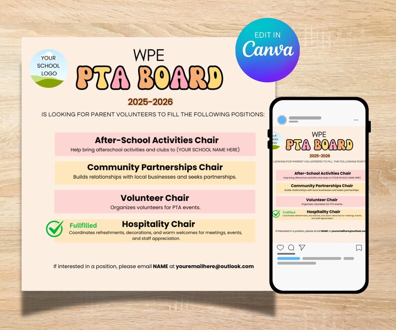 Editable PTA New Positions | Volunteer Flyer | 2025-2026 Board and Chair Positions | Canva ...