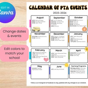Editable PTA Calendar Template | 2025-2026 School Year Events | PTA ...
