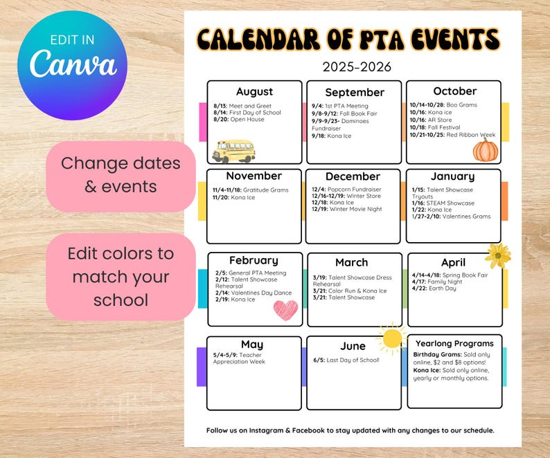 Editable PTA Calendar Template | 2025-2026 School Year Events | PTA ...