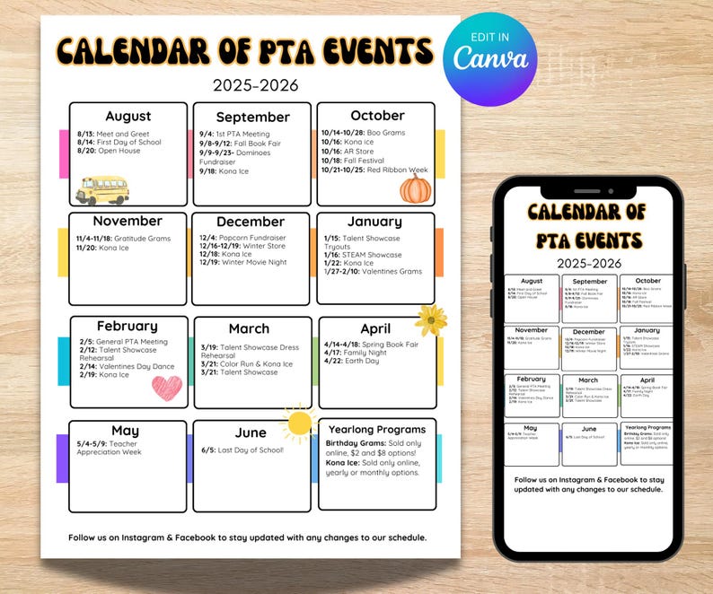 Editable PTA Calendar Template | 2025-2026 School Year Events | PTA ...