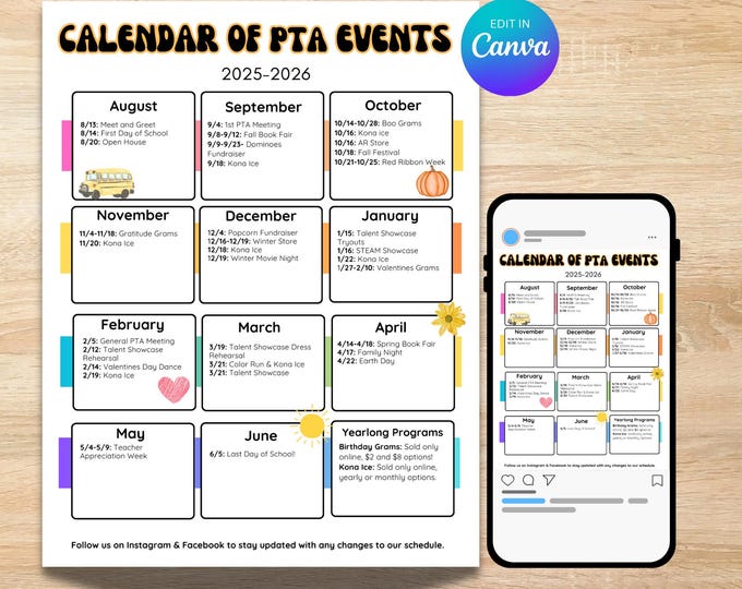 Editable PTA Calendar Template | 2025-2026 School Year Events | PTA ...