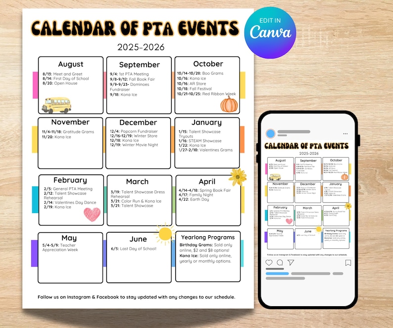 Editable PTA Calendar Template | 2025-2026 School Year Events | PTA Organizer and Planner ...