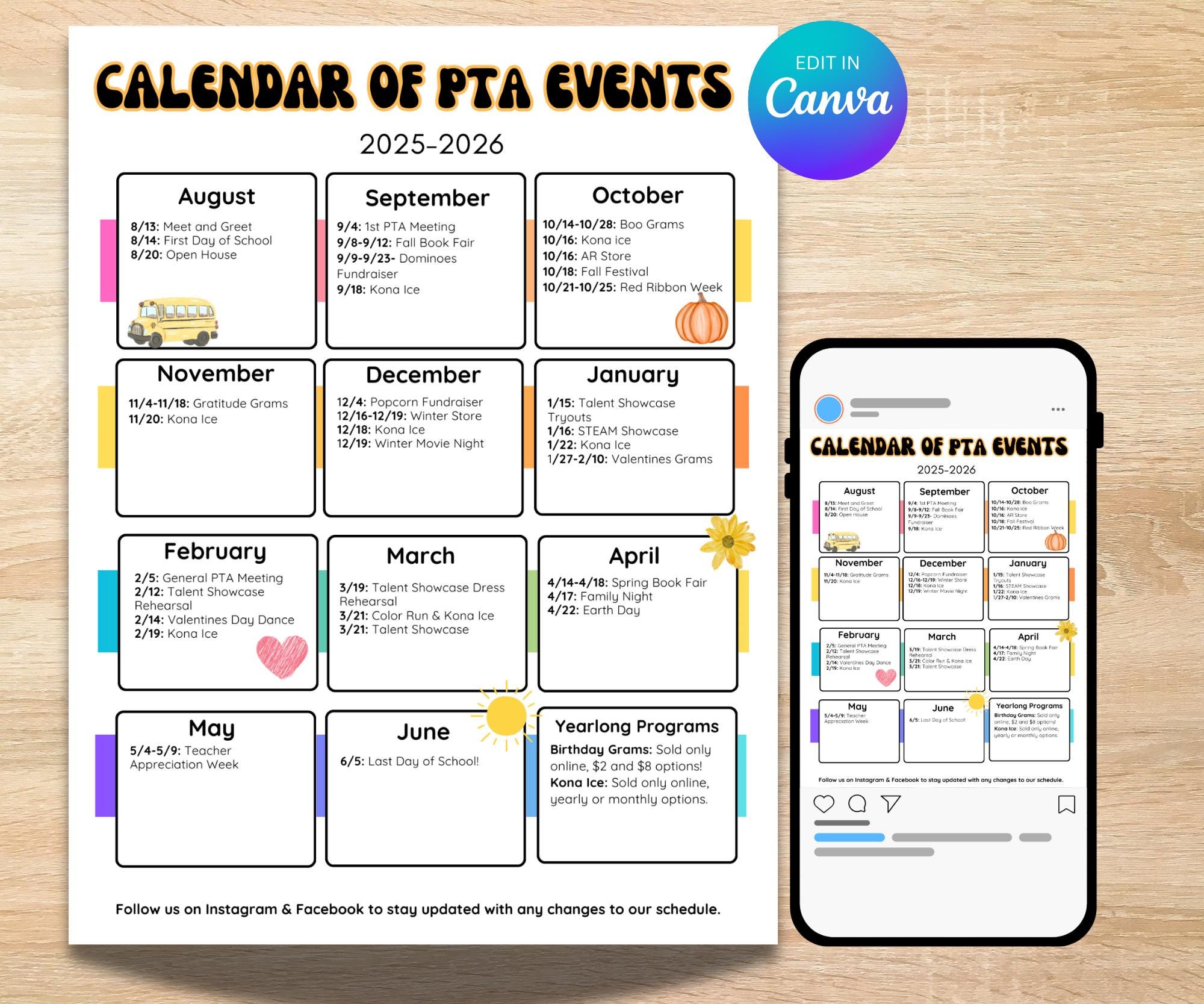 Editable PTA Calendar Template | 2025-2026 School Year Events | PTA ...