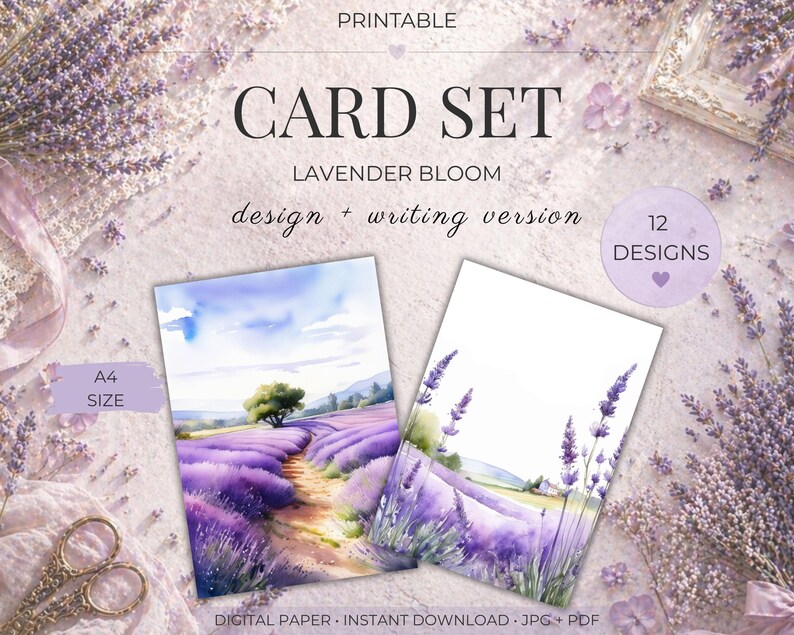 Lavender Bloom Card Set, Printable Floral Writing Pages, Journal Cards ...